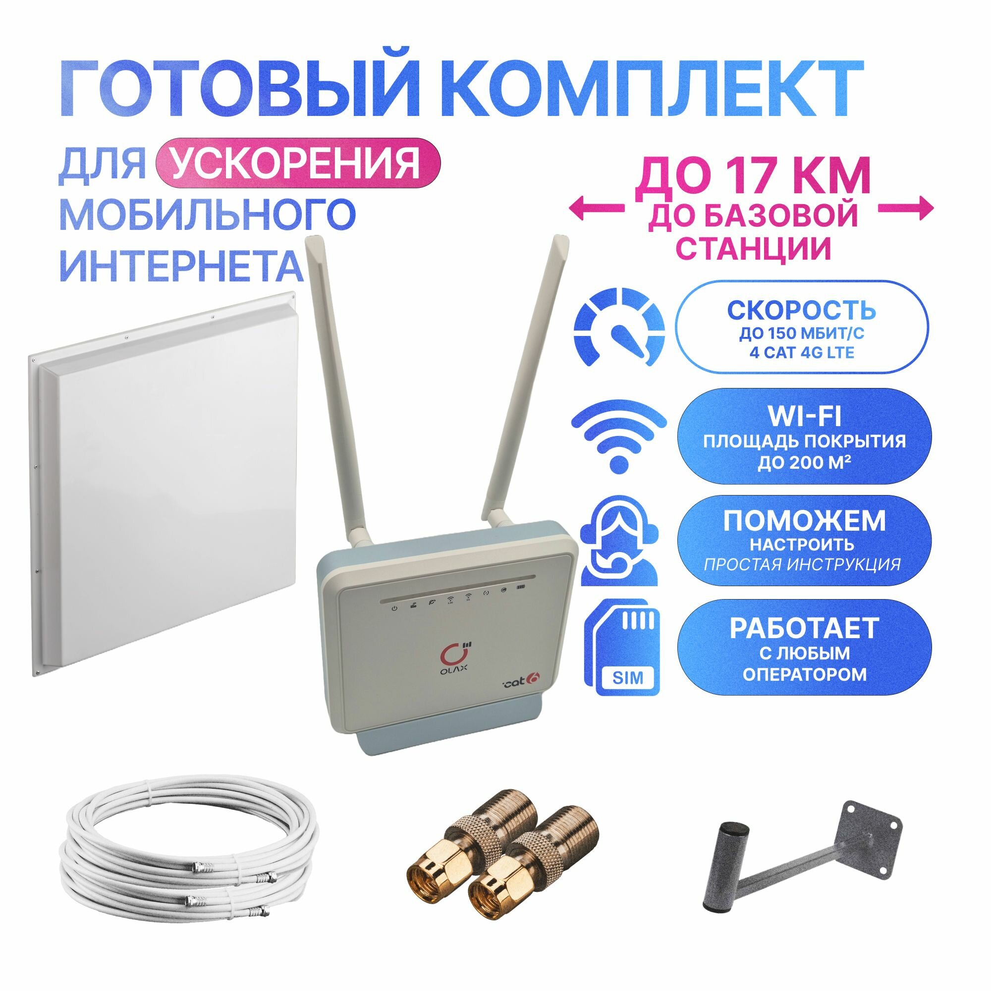 Супермощный Комплект Интернет на дачу с 3G/4G роутером 6 cat и антенной до 17 км от вышки!