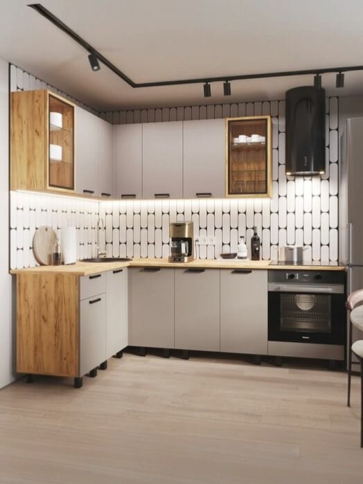 Кухонный гарнитур угловой Техно к.9 2,4х1,4м латте, дуб крафт со столешницей миф