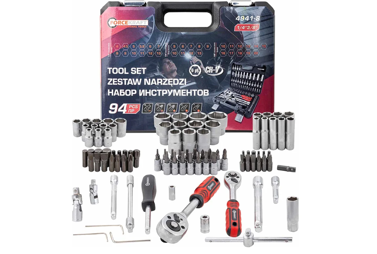 Набор инструментов FORCEKRAFT, 94 предмета, 1/4", 3/8", 6-гранные