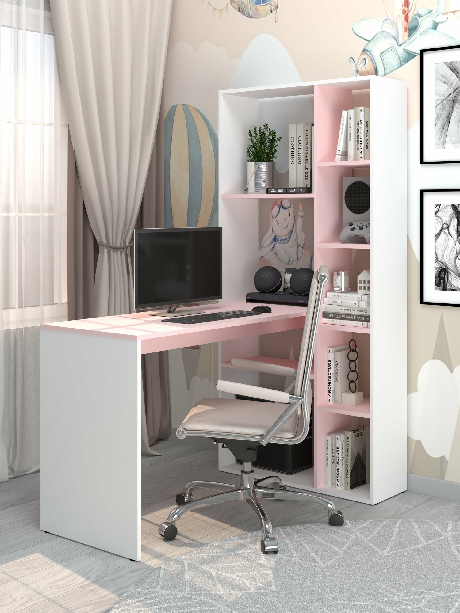 Есэндвич Лаворо 13 Компьютерный стол со стеллажом 130х170х80 см (Розовый кварц/Белый)