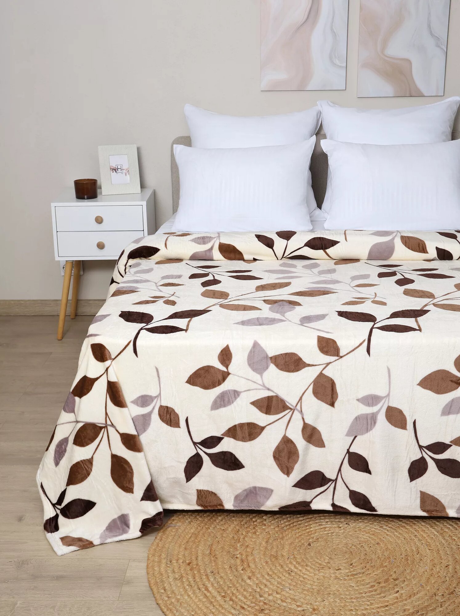 Плед из велсофта 2586-1 Листья на кремовом Elin (кремовый-коричневый), 150x200