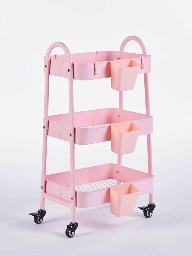 Этажерка металлическая на колесиках для кухни, спальни, ванной комнаты, туалета, GHY2401-P, 44х31х77см, Розовый