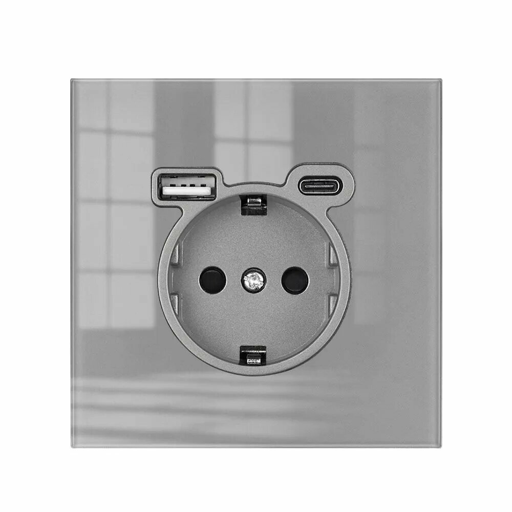 Розетка серая с USB и Type-C портами, рамка из закаленного стекла евро стандарт со шторками 16А 250V