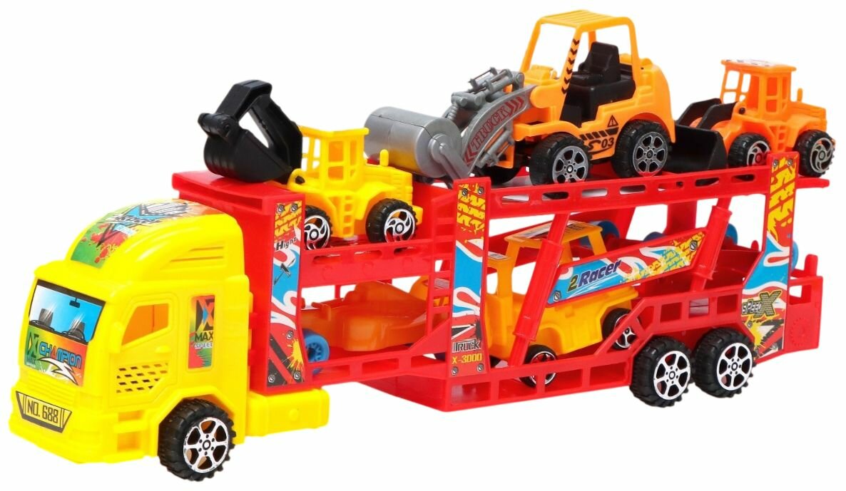 Грузовик - автовоз "Спецтехника", набор детских игрушек для сюжетно-ролевых игр дома и в песочнице, автомобиль с инерционным механизмом, 6 машинок, цвета микс