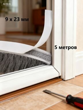 Эксклюзивный серый уплотнитель щеточный самоклеящийся 5 м, размер 9x23 мм с ворсом 22 мм
