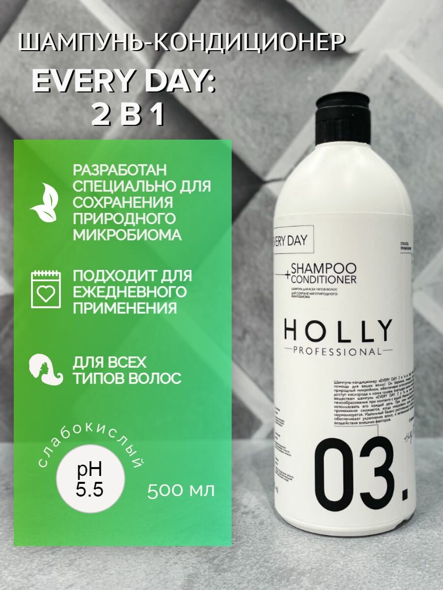Шампунь-кондиционер 2 в 1 Holly Professional EVERY DAY, без пены, для ежедневного ухода, чувствительная кожа, 500 мл