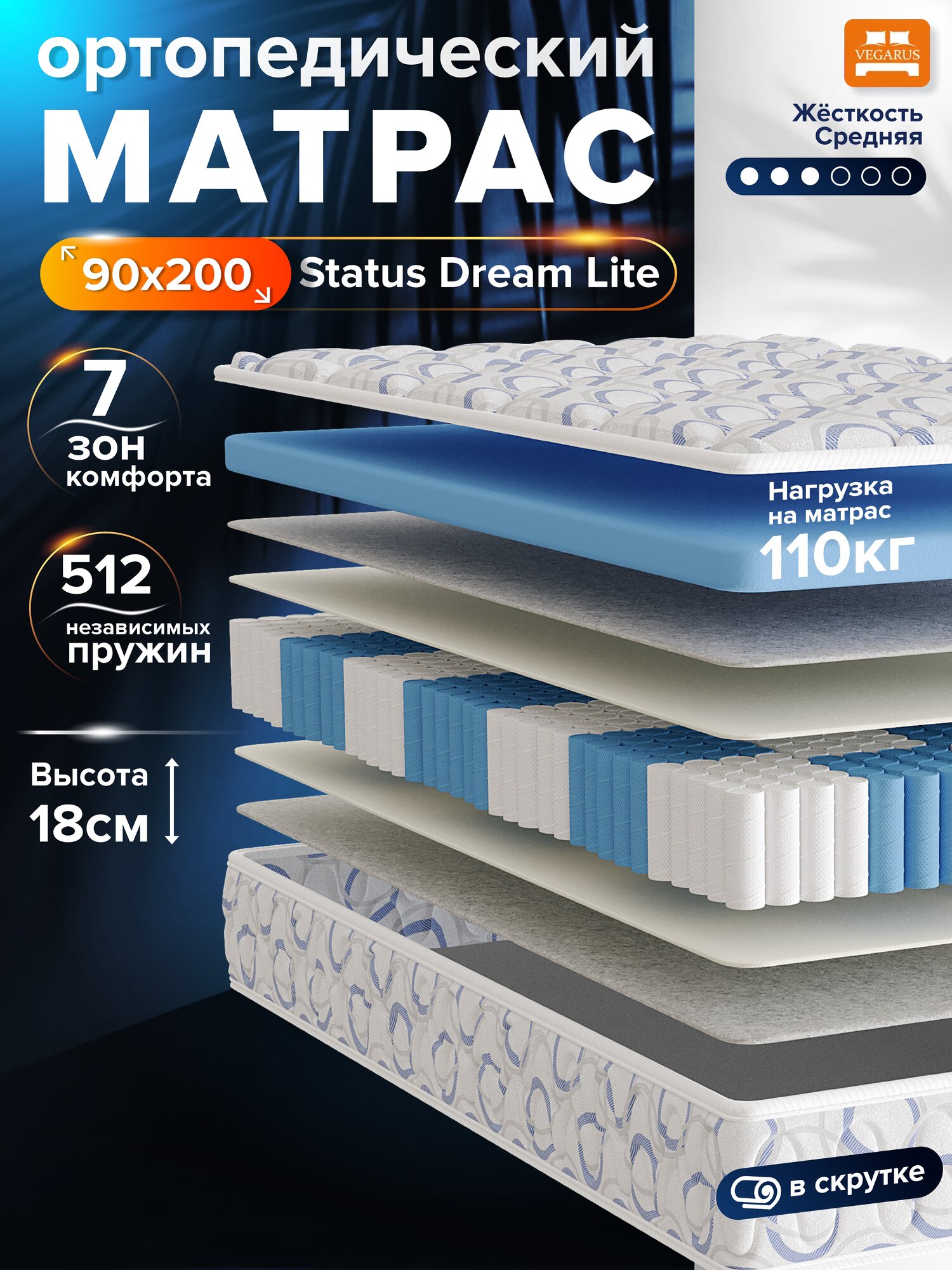 Матрас Status Dream Lite, 90x200х18 см, ортопедический, пружинный