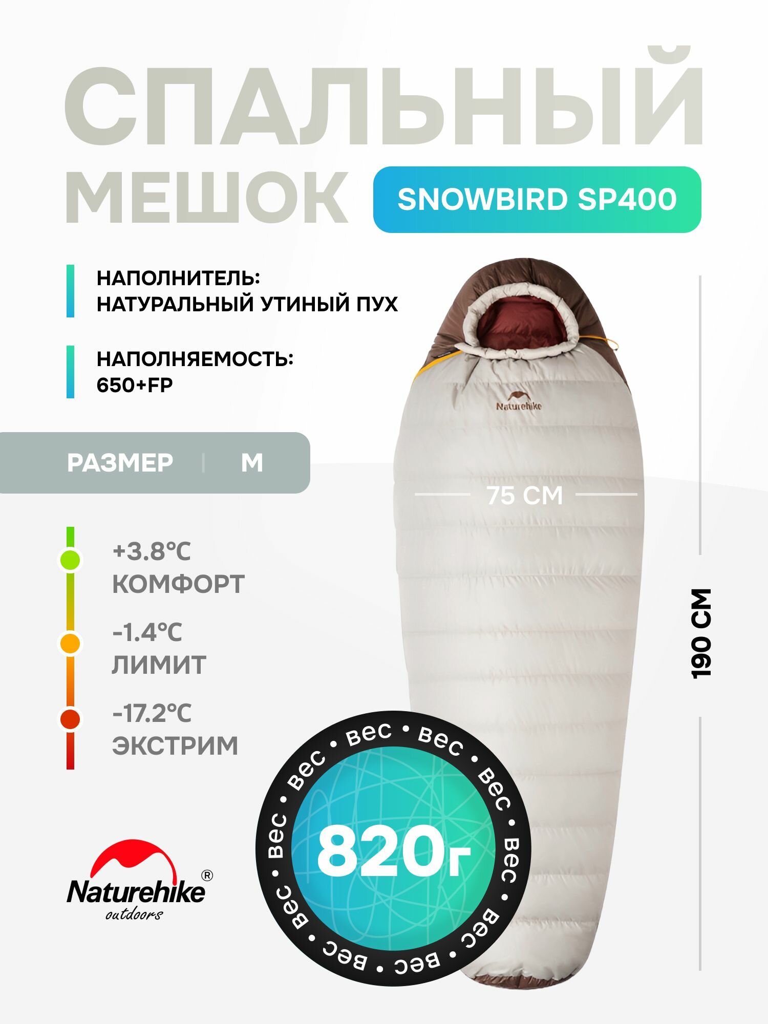 Пуховый спальник Naturehike Snowbird SP400, до -17.2C, 820 гр, М, 190х75, 650FP, бежевый / Snowbird Mummy Down Sleeping Bag