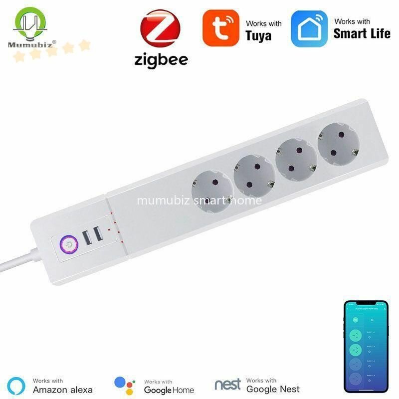 Tuya Smart Zigbee Удлинитель питания 4 розетки 2 порта USB APP беспроводное управление
