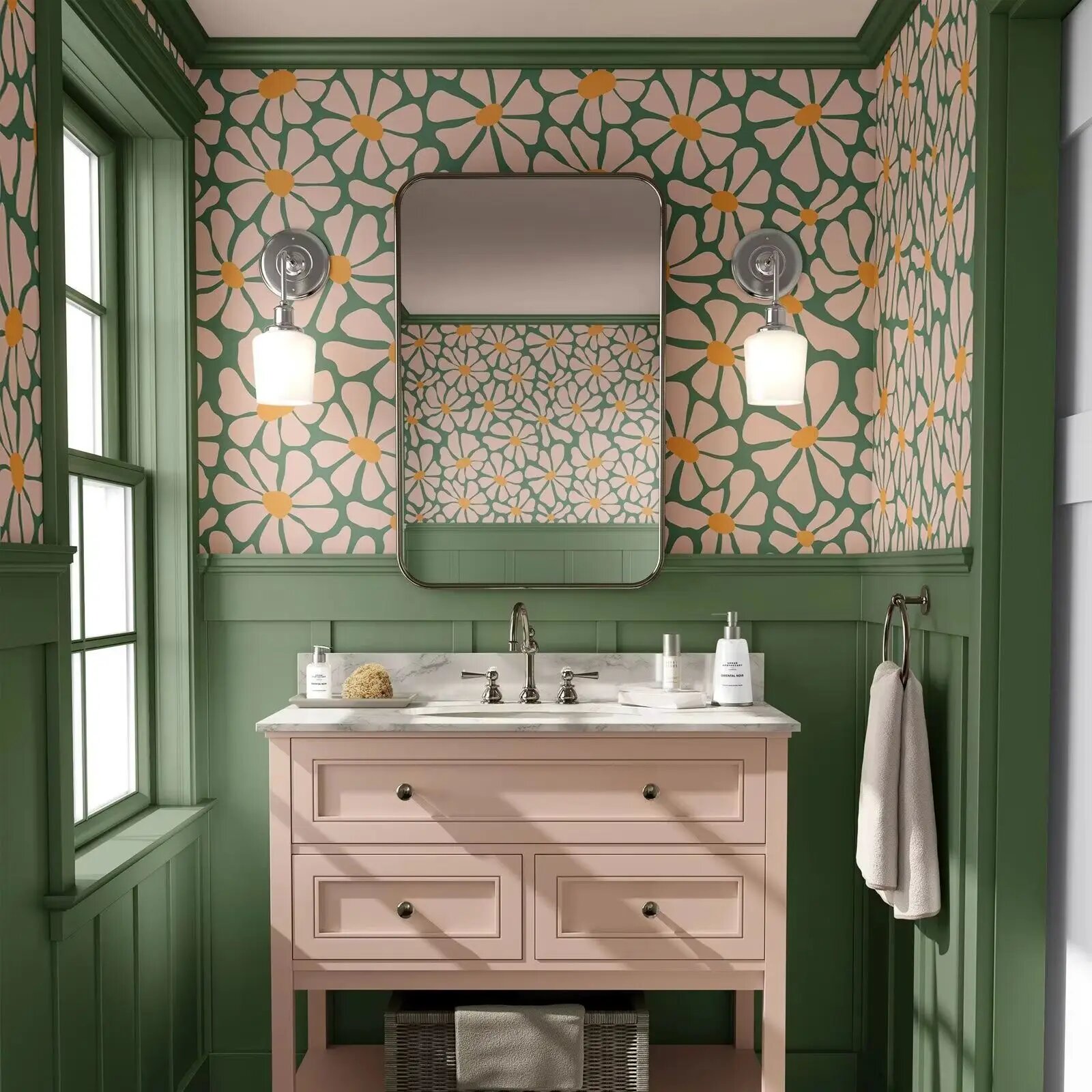 Pixel&Wall Funky Daisy обой зеленый, оранжевый Non-Woven Wallpaper