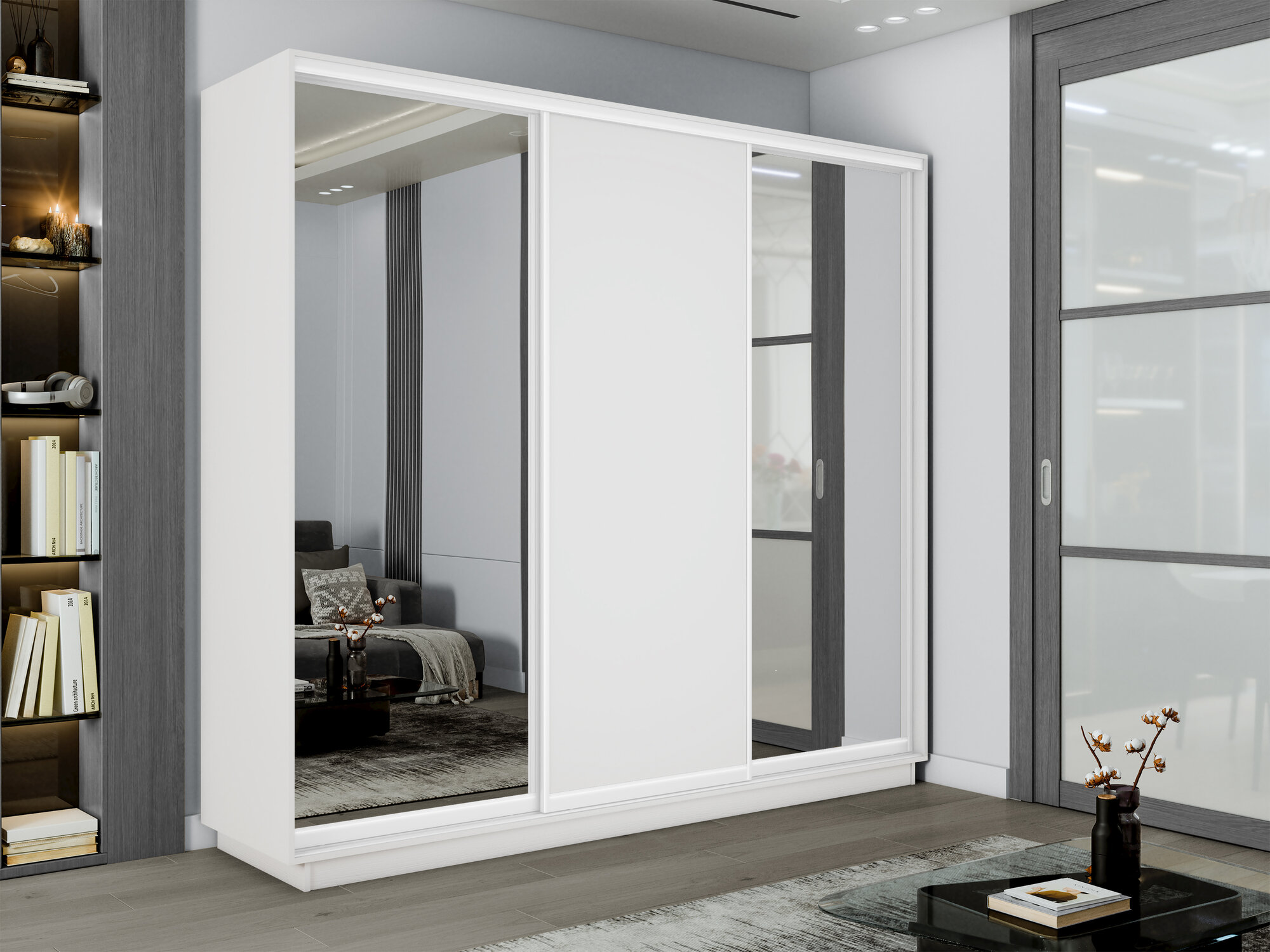 Шкаф купе Вилли 3-х дверный ЛДСП, (2-зеркала/ДСП) , профиль белый 180 см х 220 см х 60 см (Белый Снег)