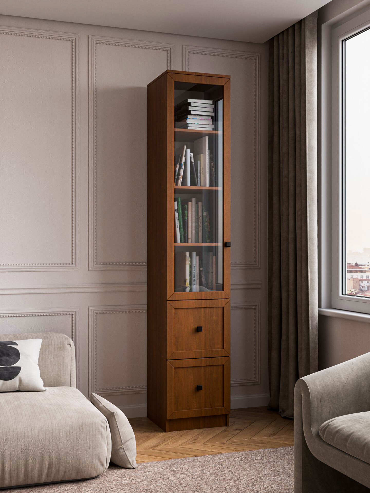 Шкаф для книг узкий Вест 1.4, 34х38х210 см, со стеклом, шкаф-колонка с полками и ящиками, орех экко