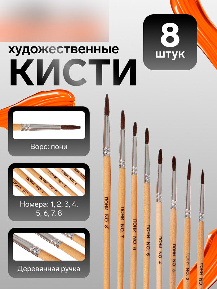 Набор кистей для рисования, пони - синтетика, 8 штук: №1, 2, 3, 4, круглые, деревянная ручка, международный размер