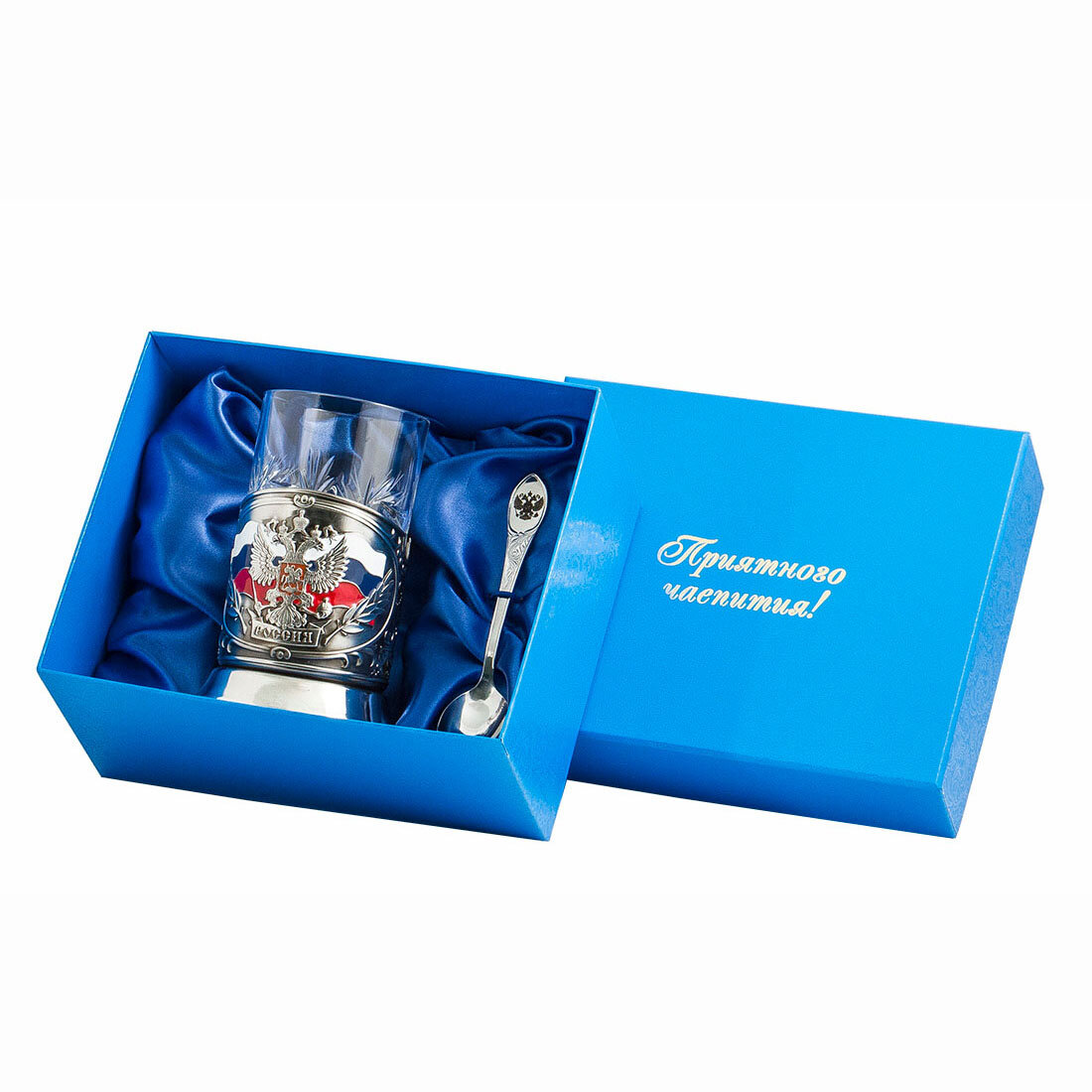 Набор д/чая "Герб России" (3 пр.) - картон. футляр, хруст. стакан, штамп, ложка - нерж. грав, цветные эмали ПД-89эУ