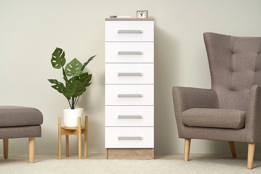 Комод для одежды и вещей 6 ящиков, 400 мм, Мартина, 40х116.6х43 см, ЛДСП, МИФ, Дуб Сонома / Белый глянец