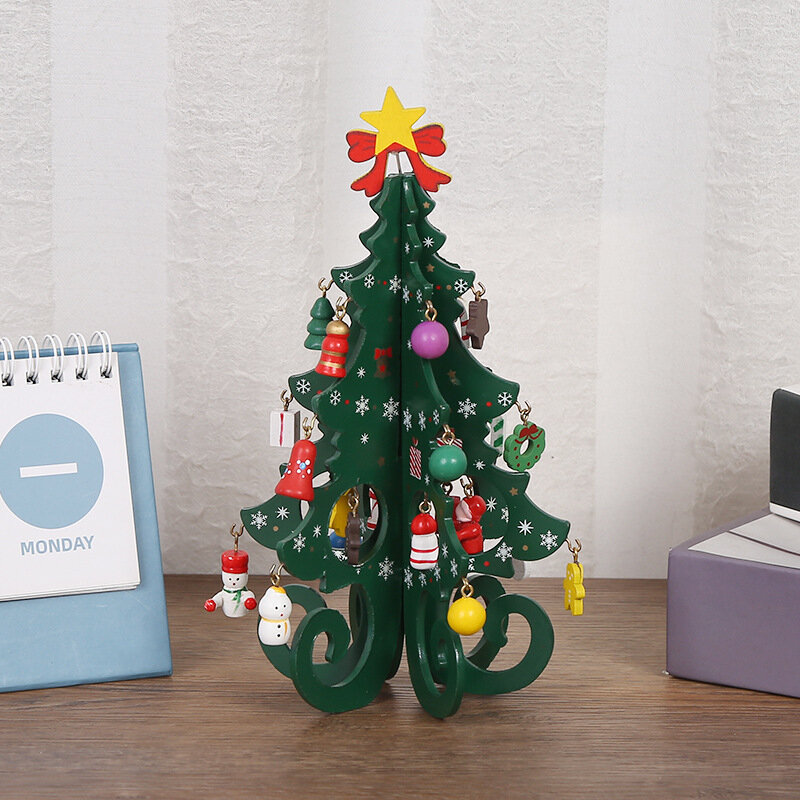 Елочка деревянная настольная с игрушками 19,5 см 3D декор новогодний, рождественский, украшение на праздник