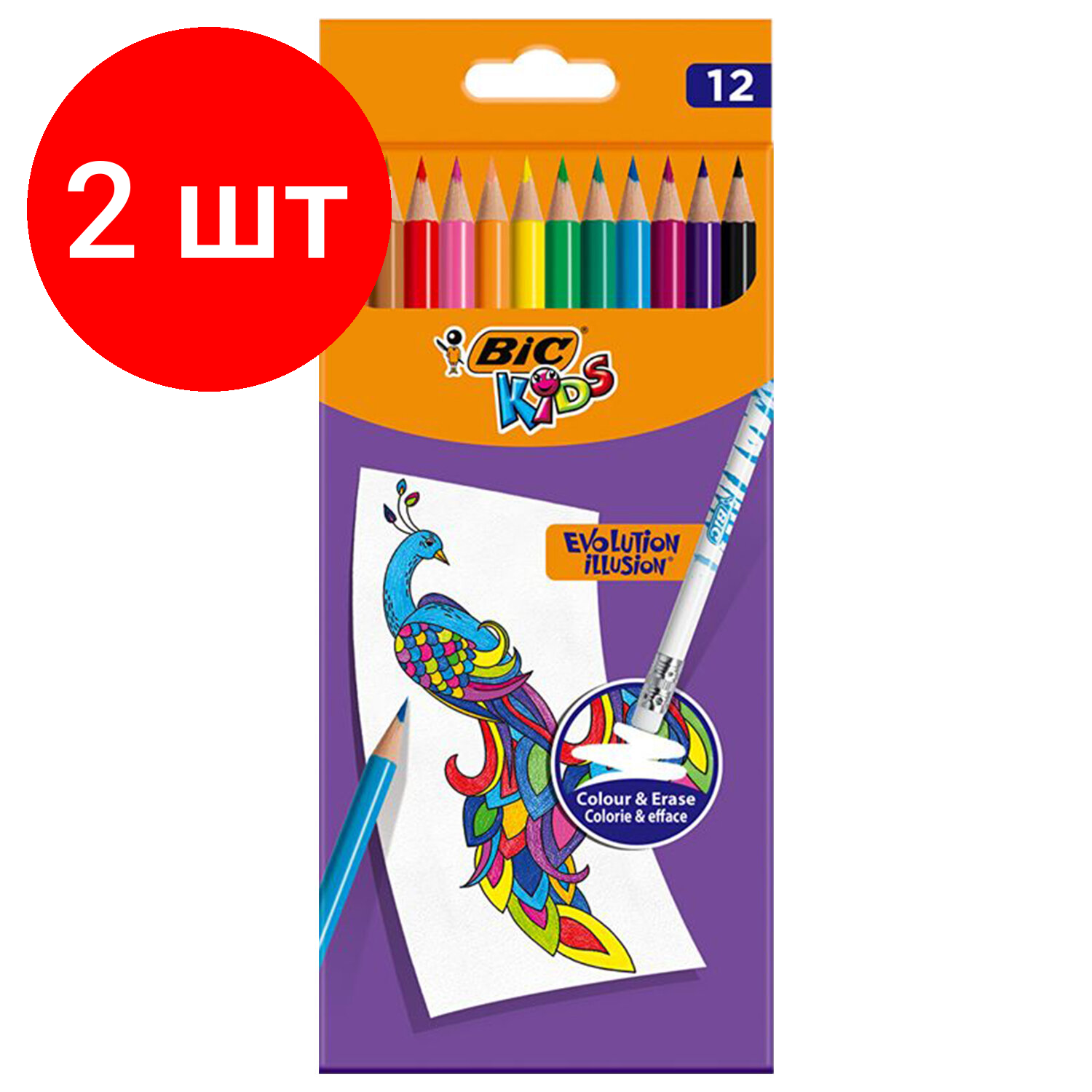 Комплект 2 шт, Карандаши цветные стираемые с резинкой 12 цветов BIC "Kids Evolution Illusion", круглые, 987868