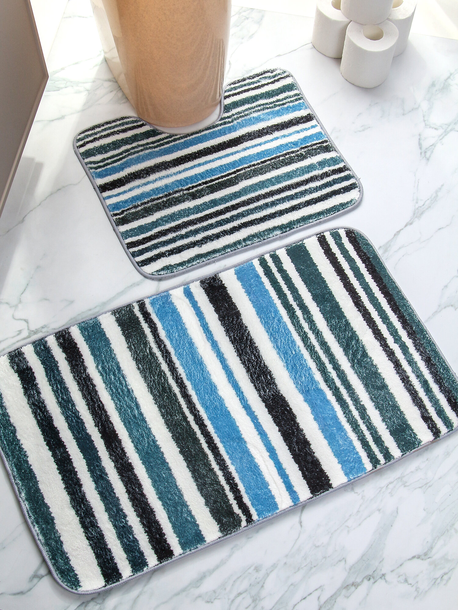 Набор ковриков для ванной и туалета синий полосатый, антискользящий комплект из микрофибры 50х80 и 40х50 см, 2 шт.