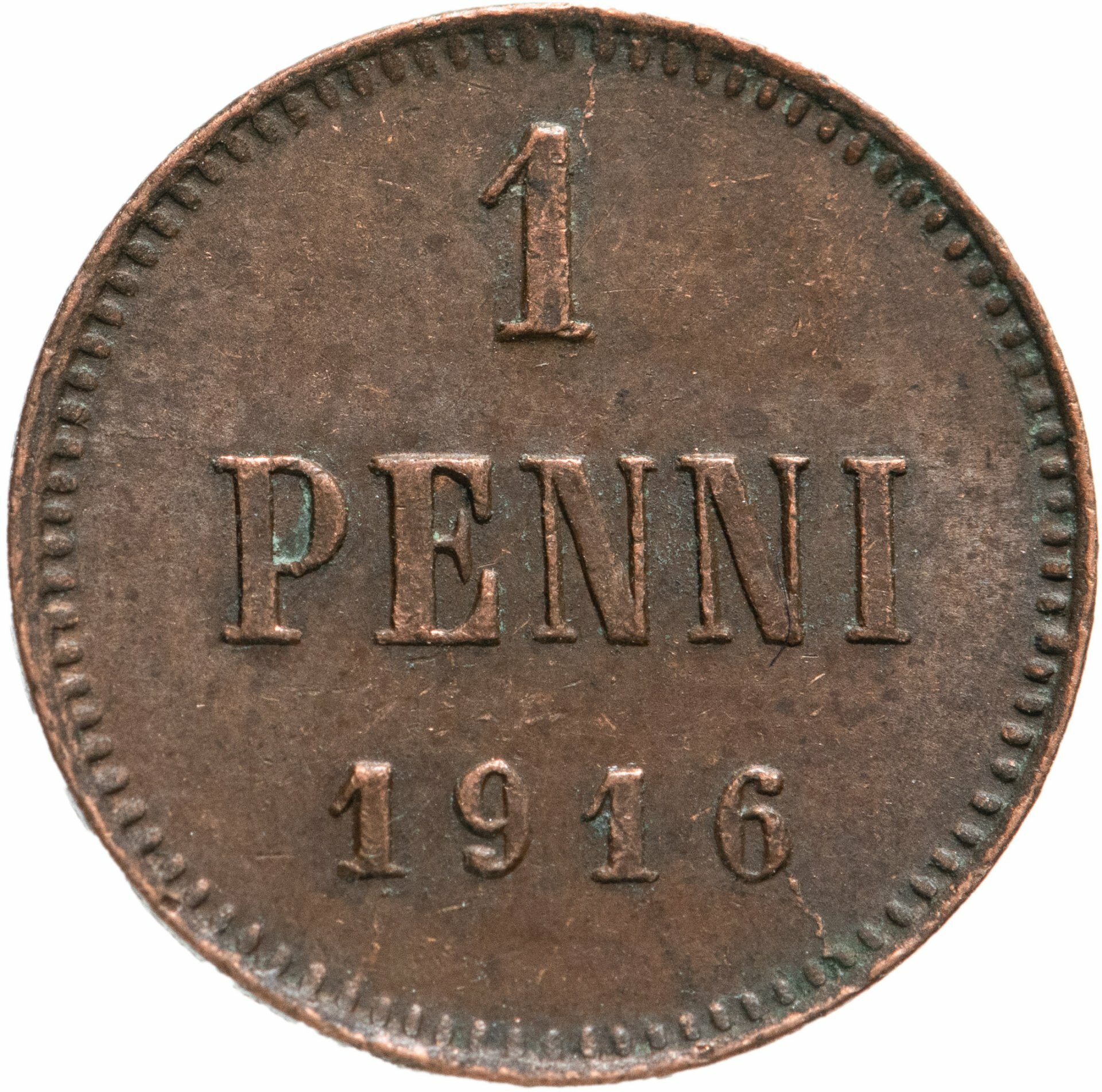 1 пенни penny 1916 Российская Финляндия, Медь, в сохранности XF