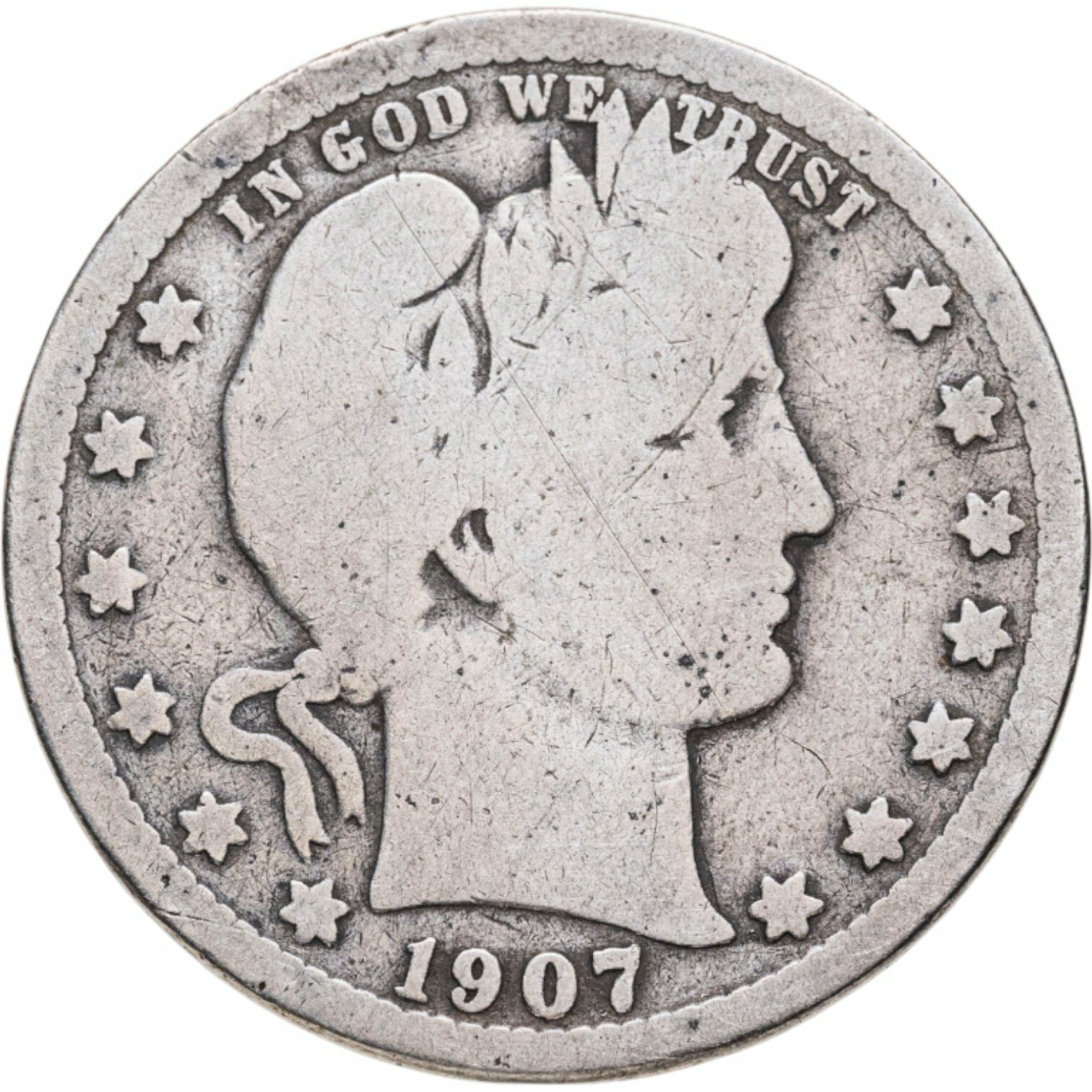 США 25 центов квотер, 1/4 доллара, quarter dollar 1907 Barber Quarter Без отметки монетного двора, Серебро 900, в сохранности VF