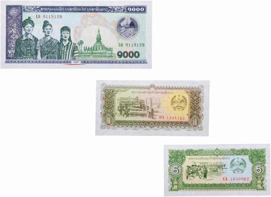 Лаос набор из 3 банкнот 5, 10, 1000 кип 1979 - 1998