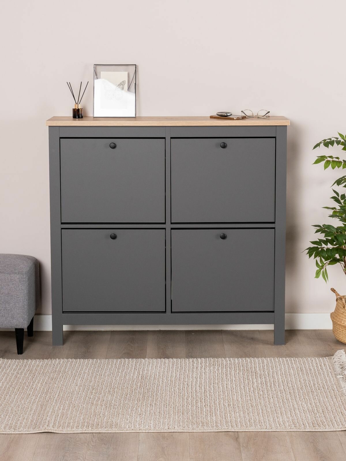 Обувница Сага с 4 откидными ящиками 113х108 серая-ясень, ГУД лакк