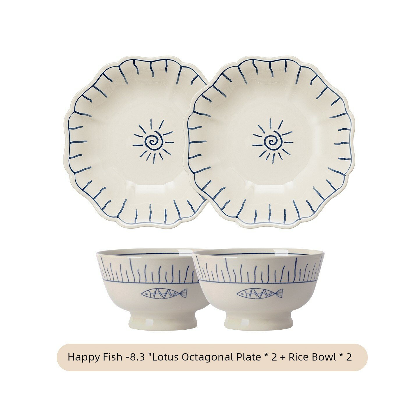 Набор тарелок Happy Fish геометрической формы из керамики, 8,3 дюйма, 2 тарелки + 2 миски, компактная посуда для дома