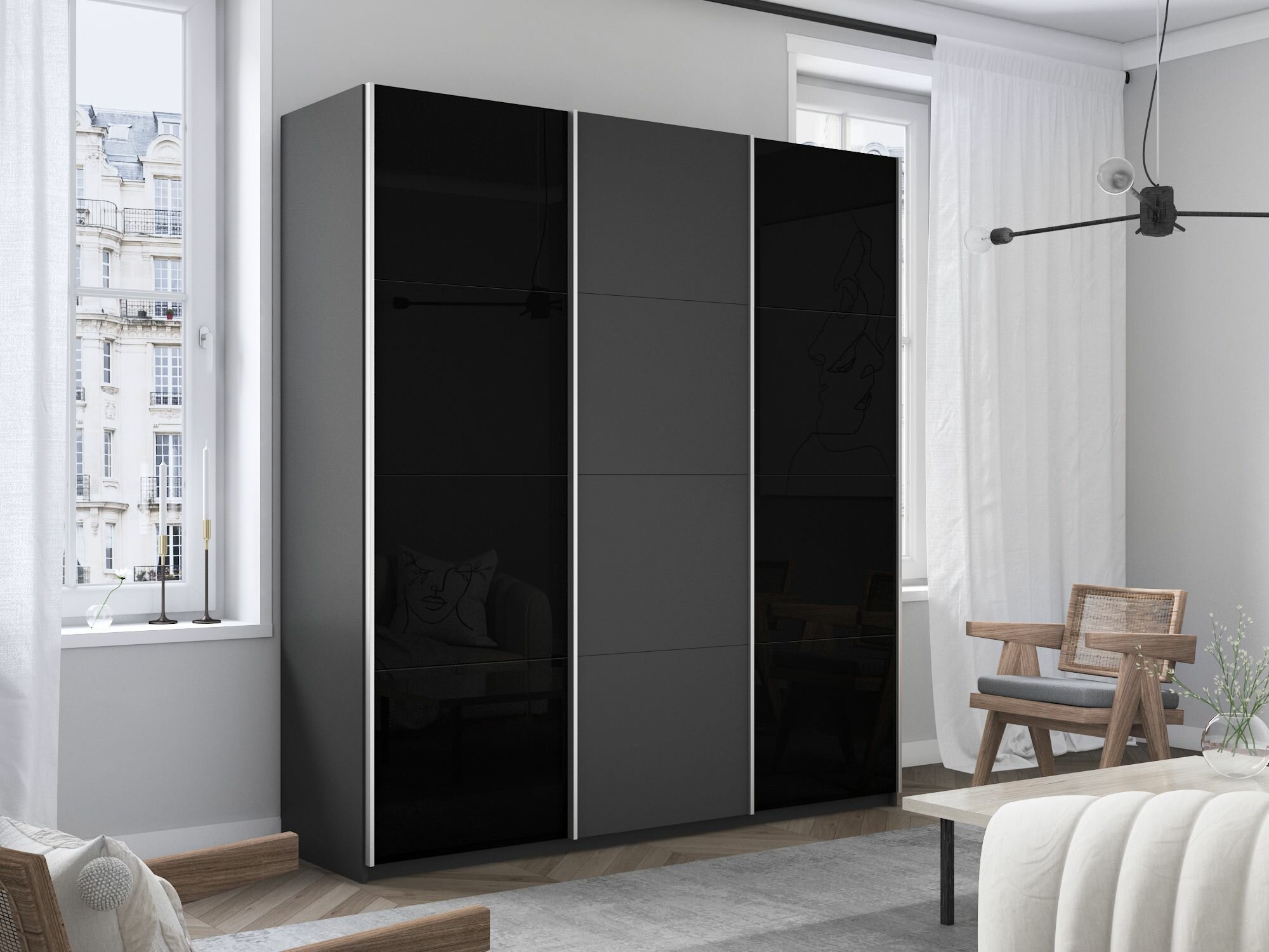 Шкаф-купе Билли 3-х дверный, (2 Стекла черн./ДСП) 180х57х230 см. Серый диамант