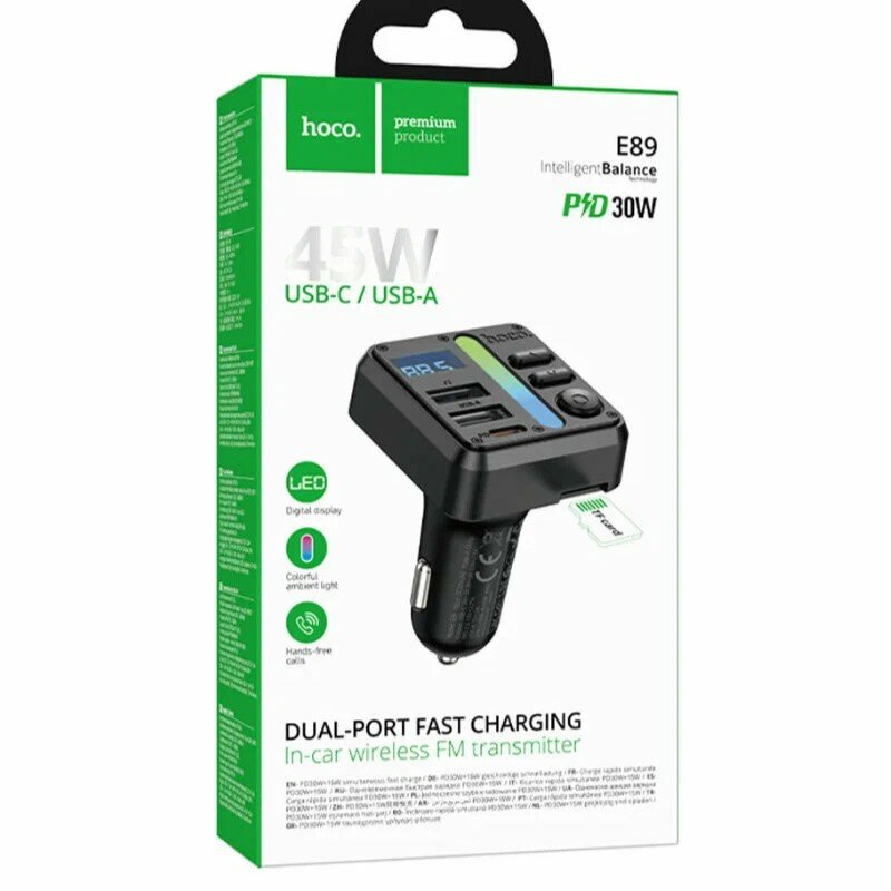 FM - модулятор (трансмиттер) HOCO E89 Libre, BT v.5.4, TF-card, USB-A QC3.0, Type-C, 45W Max (Черный)