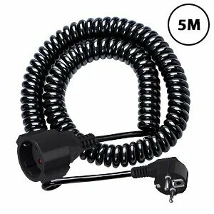 HITRENDS Удлинитель с пружинным кабелем, 1 евророзетка (чёрный), 250V 13A, 3250W, кабель 5м, защита от перегрузки, огнестойкий