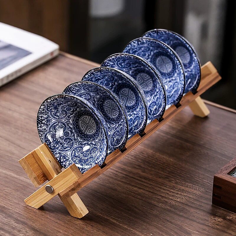 Сине-белые конические чашки для кунг-фу чая, набор из 6 штук с подставкой, керамические чашки с полноцветной имитацией