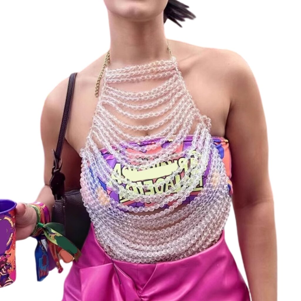 Unique Openwork Design Acrylic Bead Strap Top Party Wear Camisole For Event