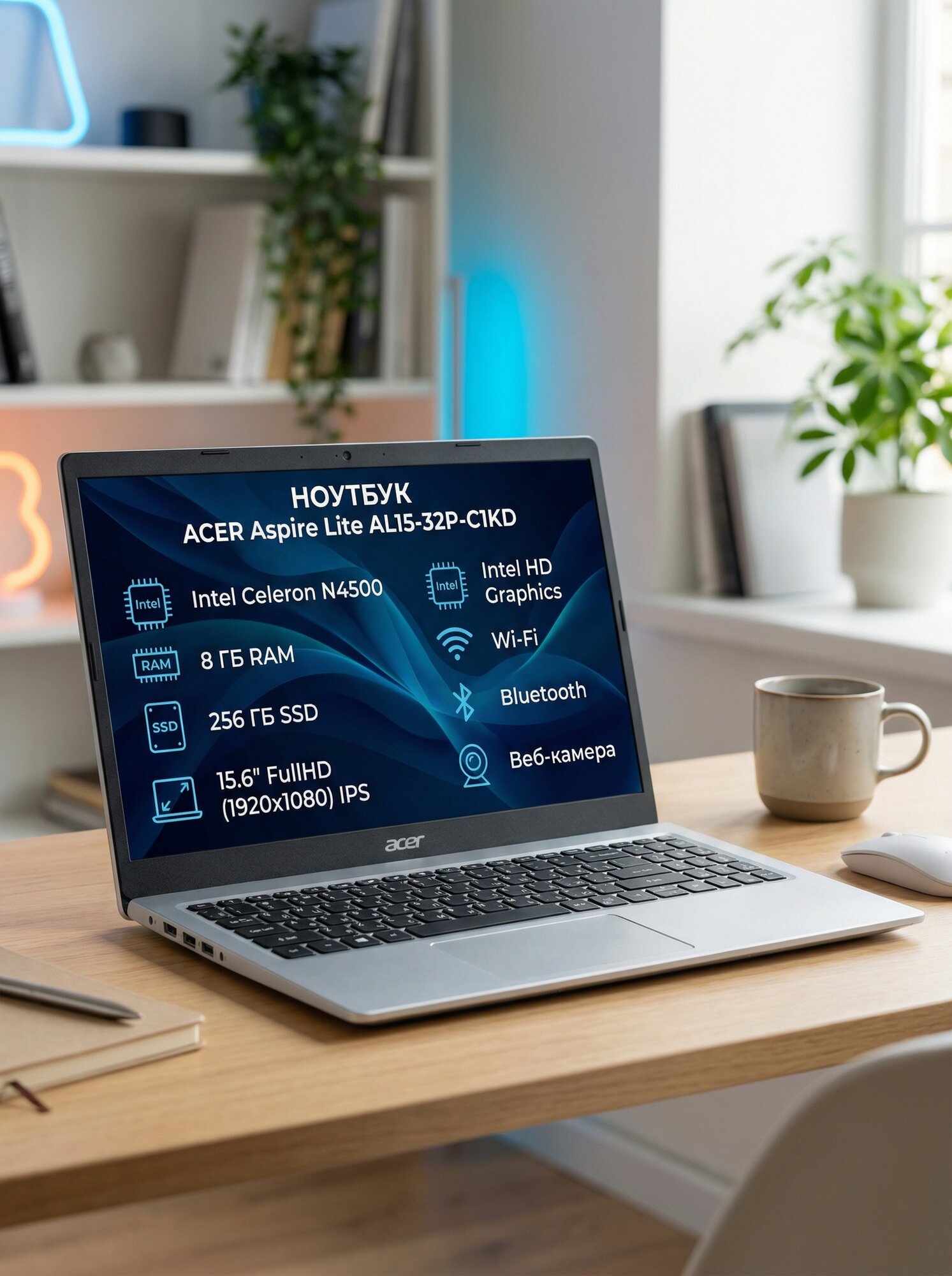 Ноутбук ACER Aspire Lite AL15-32P-C1KD 15.6"(1920x1080 (матовый) IPS)/Intel Celeron N4500(1.1Ghz)/8192Mb/256PCISSDGb/noDVD/Int: Intel HD/Cam/BT/WiFi/50WHr/war 1y/1.6kg/Silver/NoOS