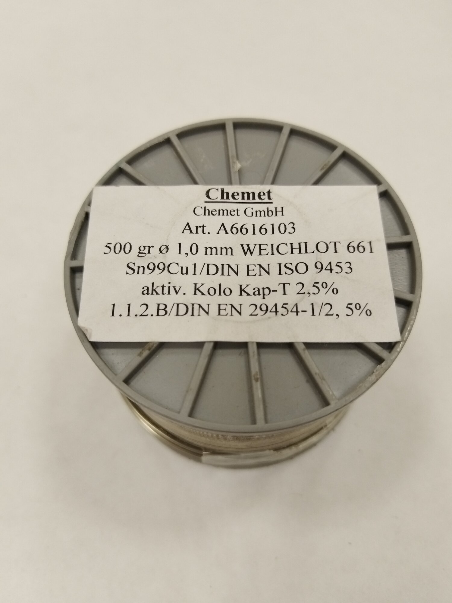 Припой Chemet мягкий 661, с флюсом Kap-T-2,5%, диаметр 1 мм, на катушках по 500 г, S-Sn99Cu1, A6616103