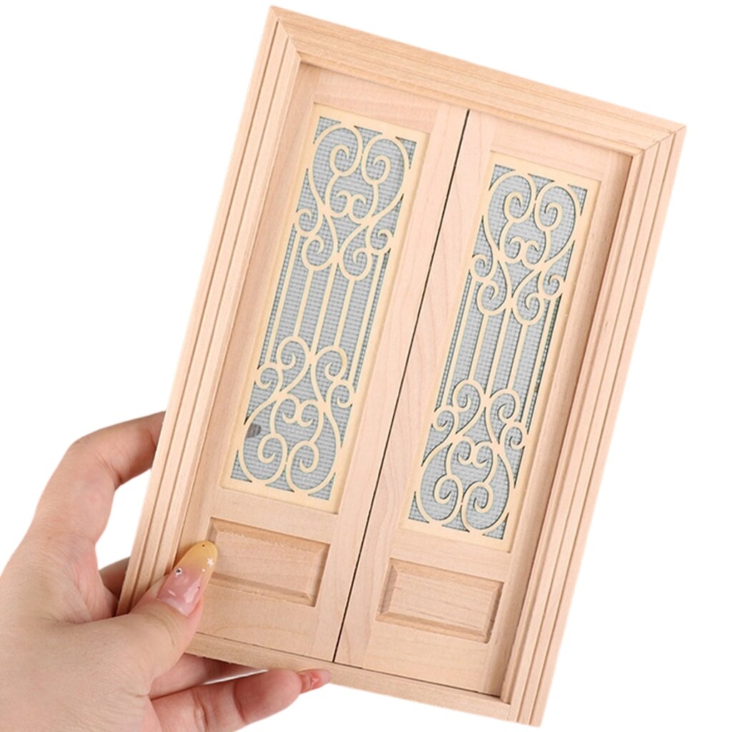 Неокрашенная деревянная двустворчатая дверь в масштабе 1/12 для кукольных домиков, миниатюрная модель, проект для самостоятельной сборки.