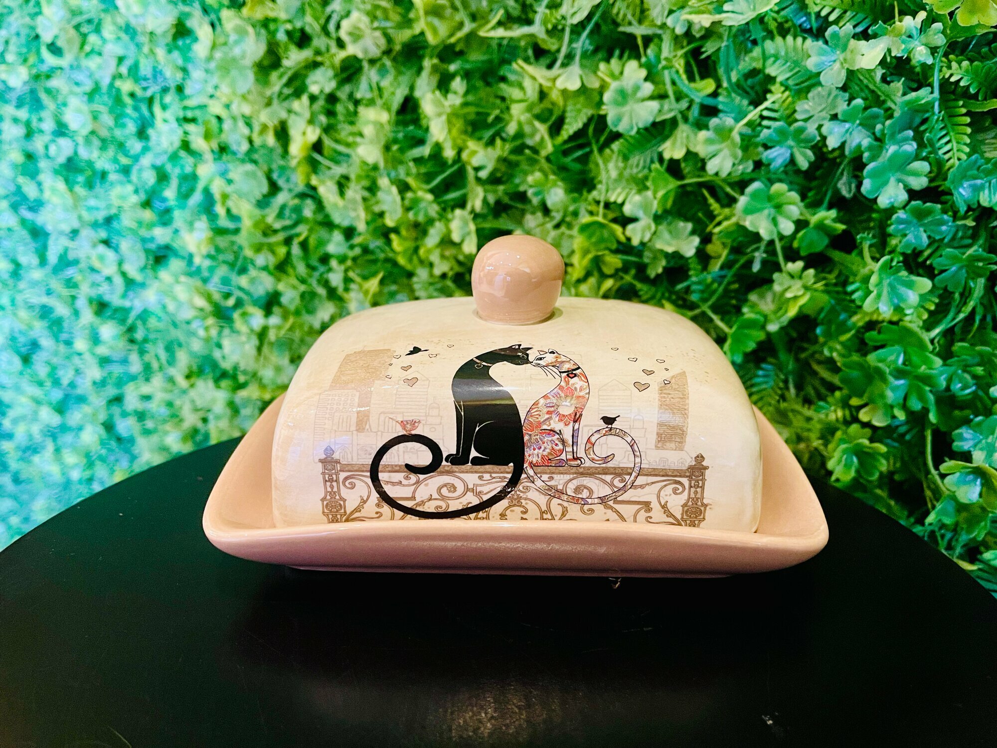 Масленка керамическая, прямоугольная, бежевая с рисунком Кошки, 1 шт.