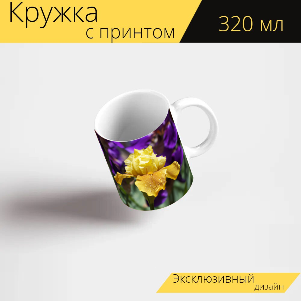 Кружка с рисунком, принтом "Цветок Ирис Желтый Закройте детали красивый цветок желтого ириса цветок Ирис желтый близко подробности лепестки воды капли капельки природа." 320 мл.