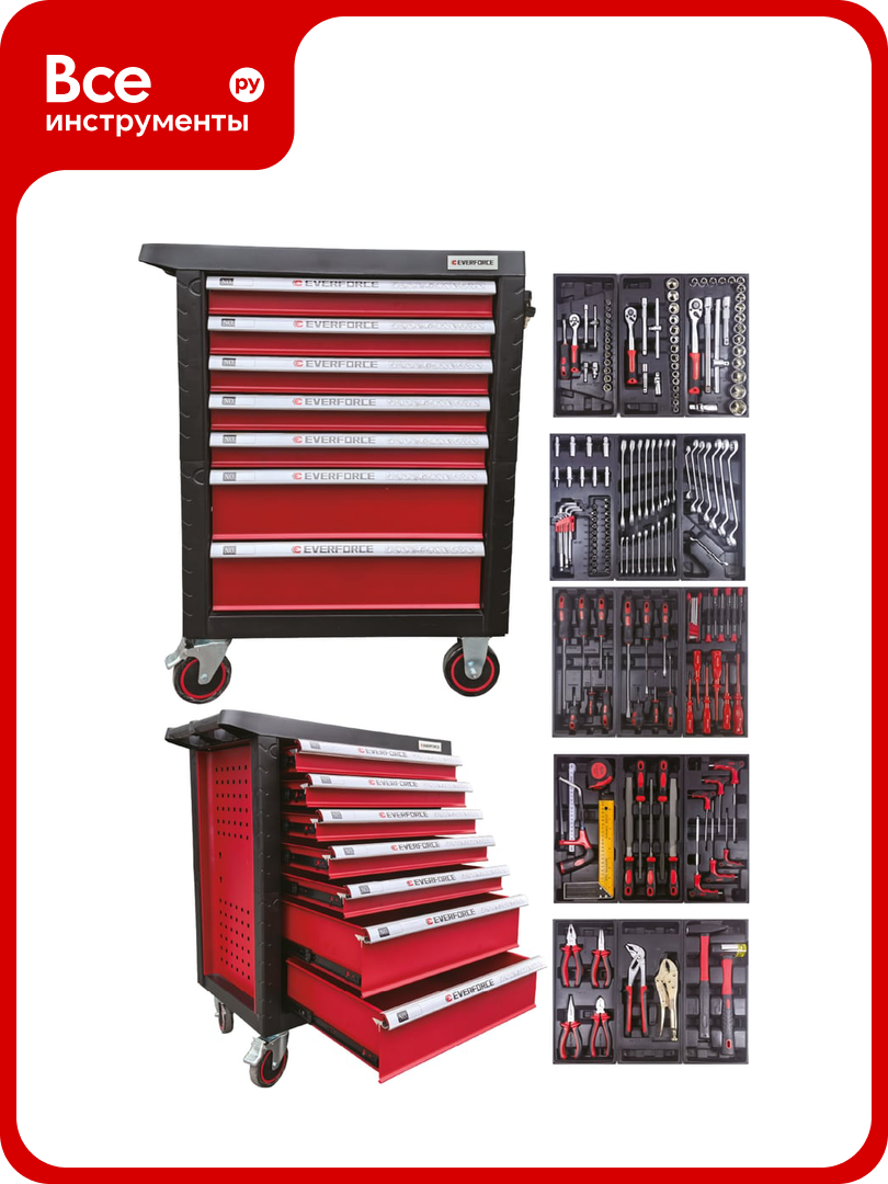 Тележка инструментальная EVERFORCE 7-и полочная с набором инструментов 181 предмет EF-55304(63610)