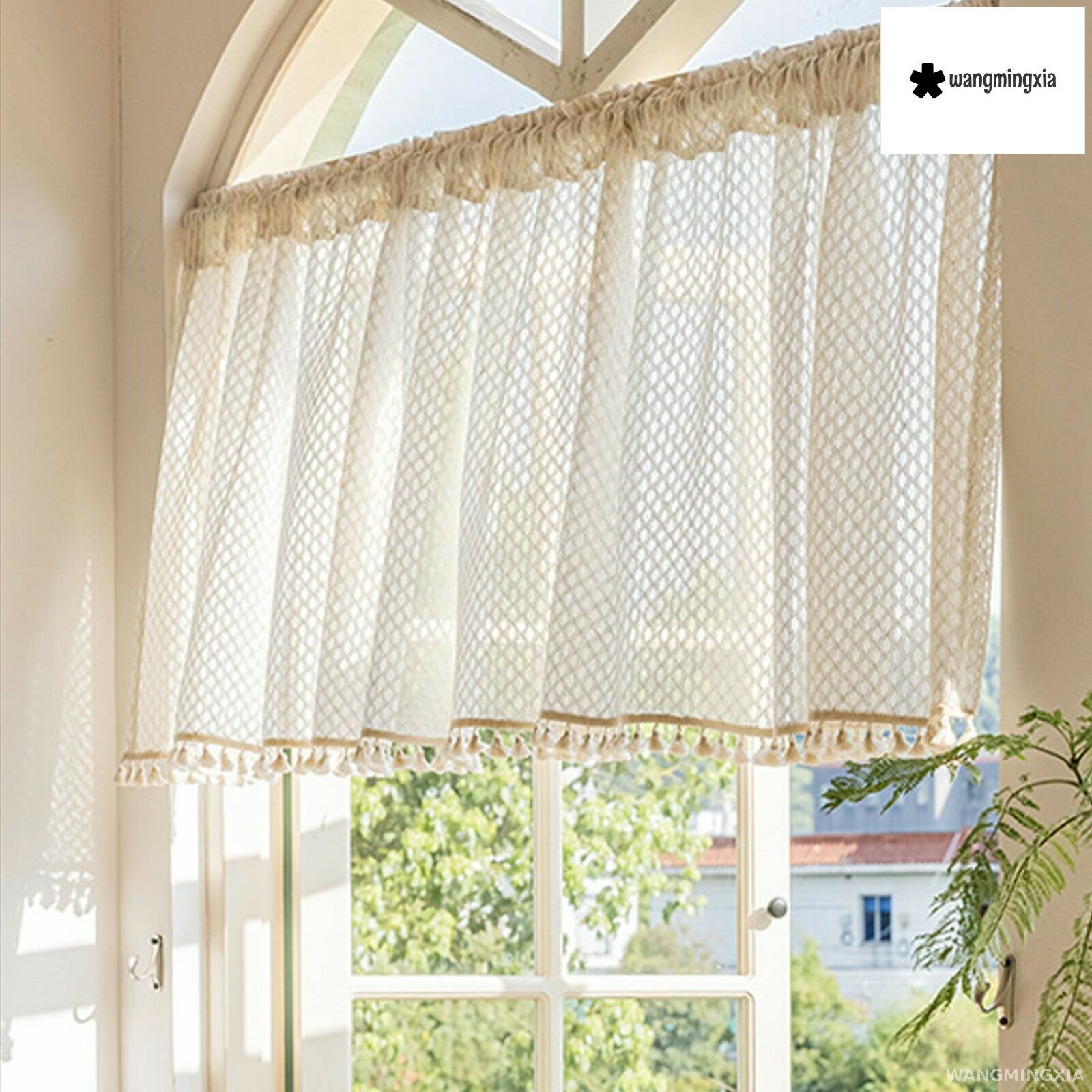 Занавесь, легкая, кремовая, с кружевами и кистями, 100 см x 80 см