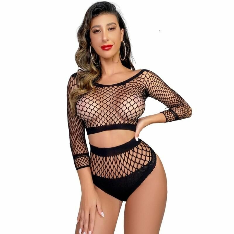 Сексуальное женское белье из сетки, комбинезон с длинными рукавами, Черный
