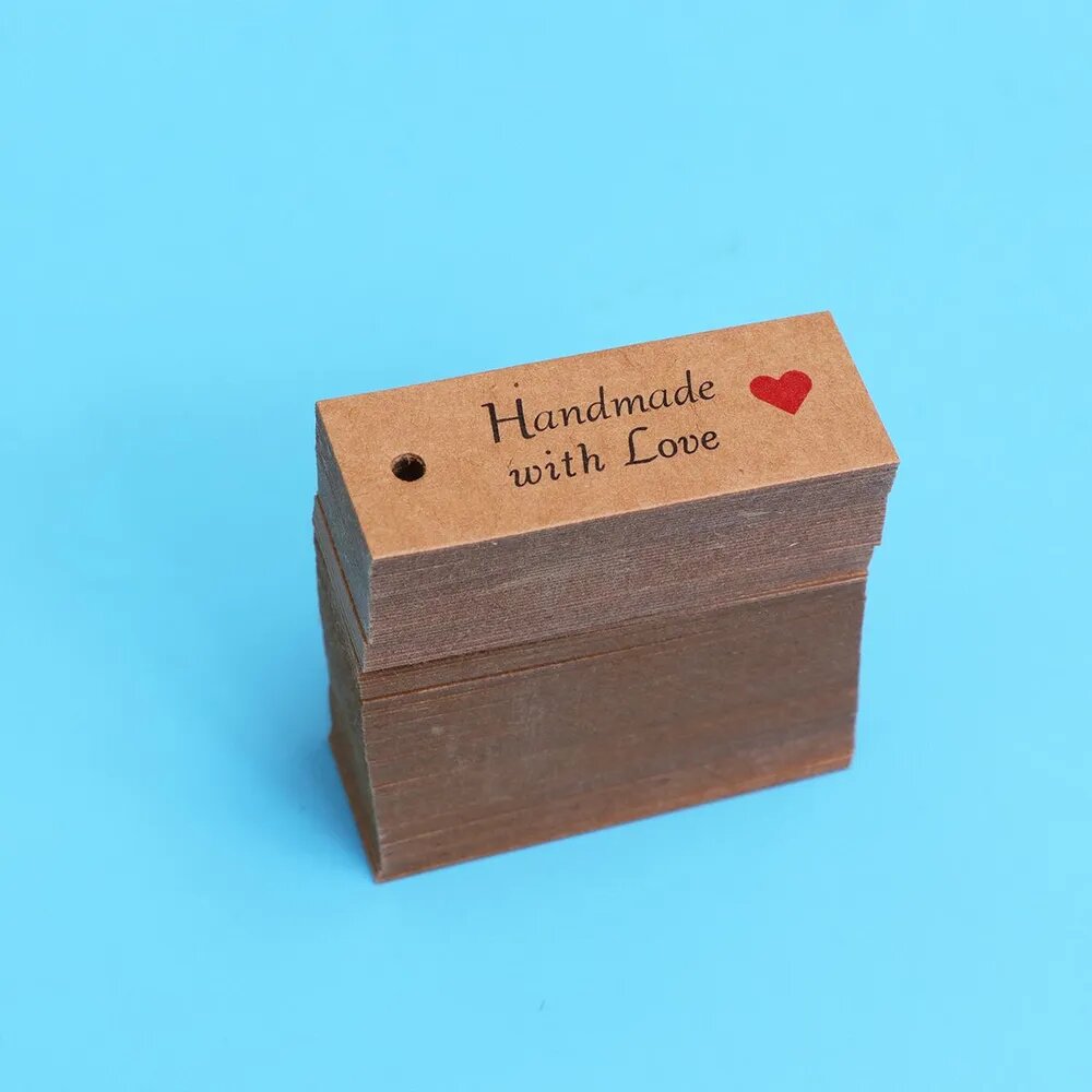 Для DIY: бумажные бирки крафт с красным сердцем, handmade, 100 штук, размер 1