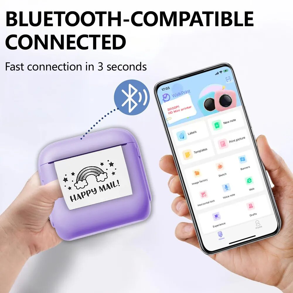 Мини-принтер Мини термопринтер термо, Монохромный, Бежевый, Bluetooth, USB Type-C — фото 1