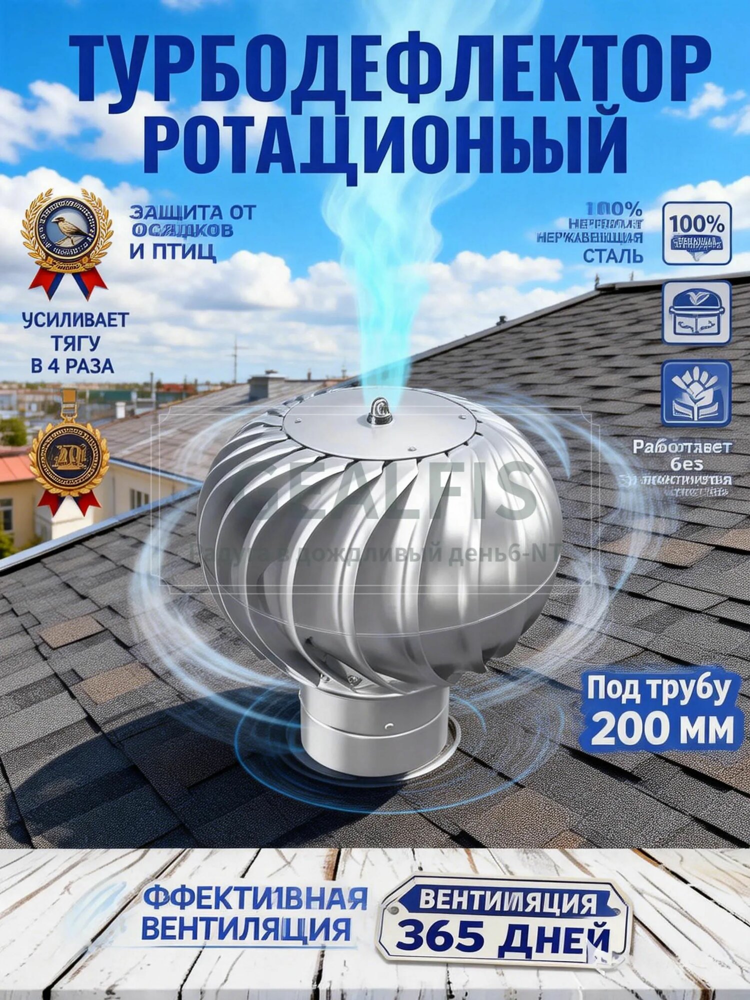 Турбодефлектор для вентиляции 200 мм GEALFIS нержавеющая сталь ротационный дефлектор на трубу для дымохода и крыши усилитель тяги