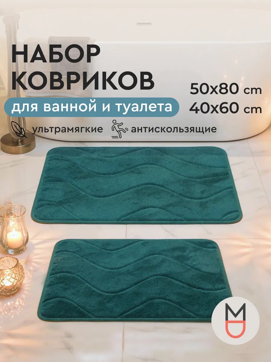 Коврик для ванной и туалета Волна бирюзовый 40х60, 50х80 см
