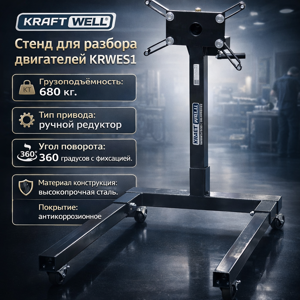 Стенд для разбора двигателей г/п 680 кг, с редуктором KraftWell KRWES1