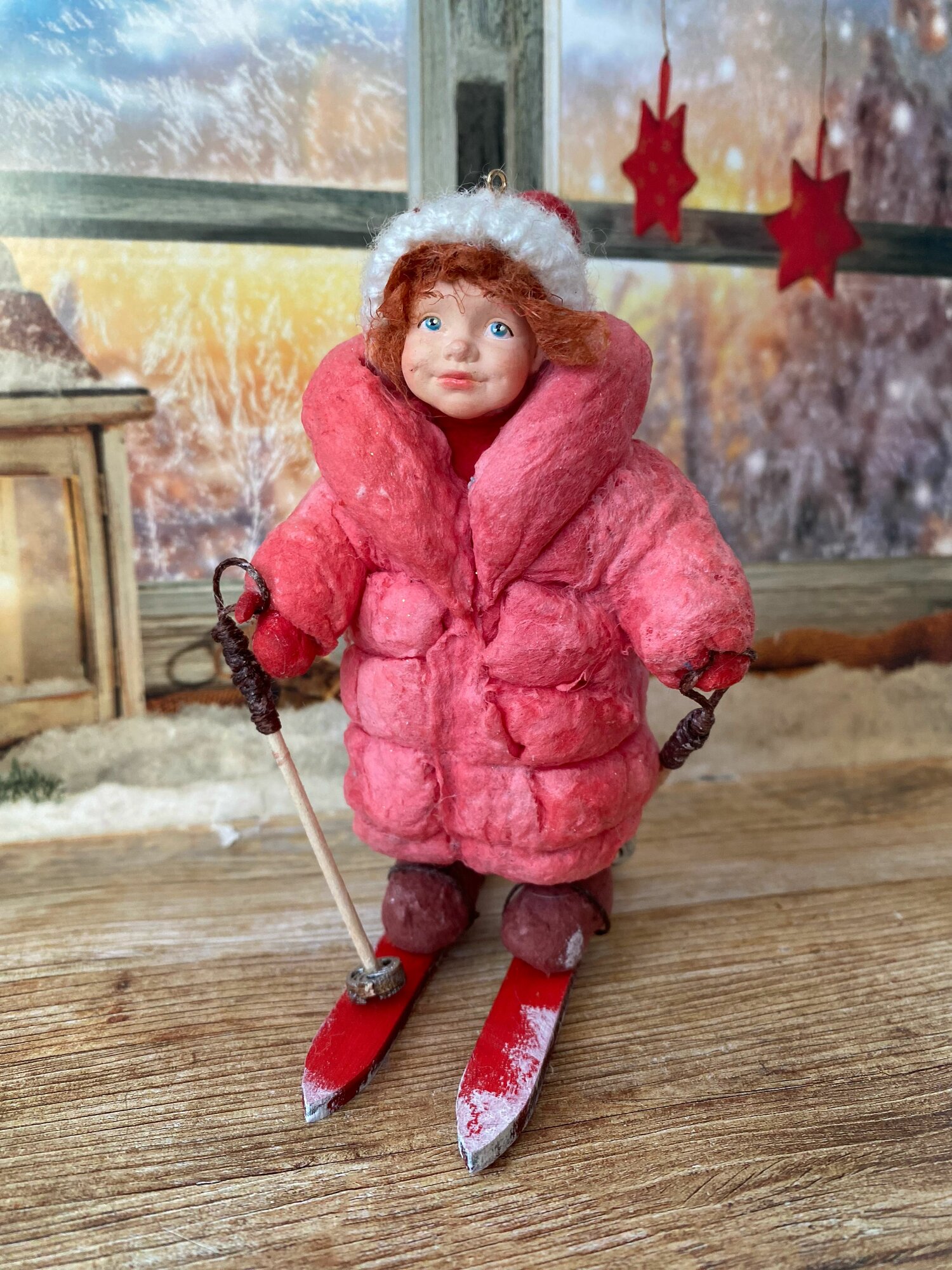 Ватная игрушка на елку ручной работы . Девочка на лыжах