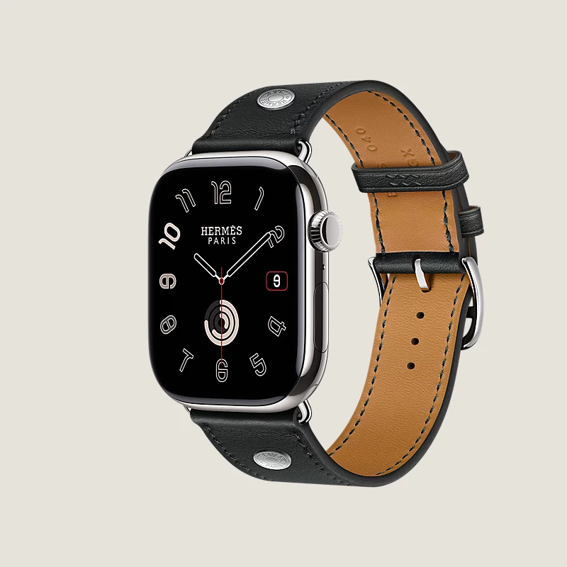 Часы Apple Watch Hermès Series 11 GPS + Cellular 46mm Silver Titanium Case with Noir Clou de Selle Leather Single Tour