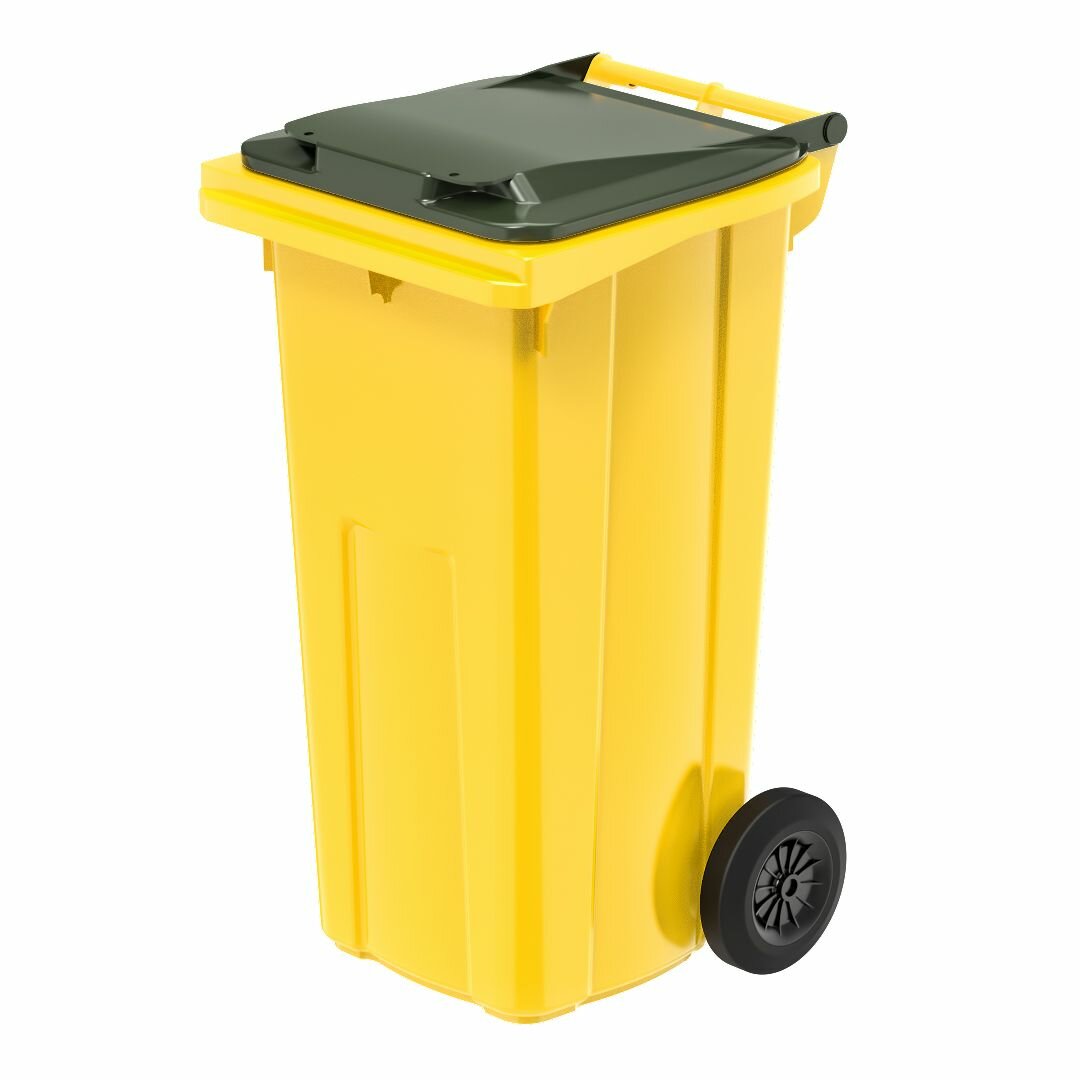 Контейнер для мусора 120 л на колесах, желтый с зеленой крышкой