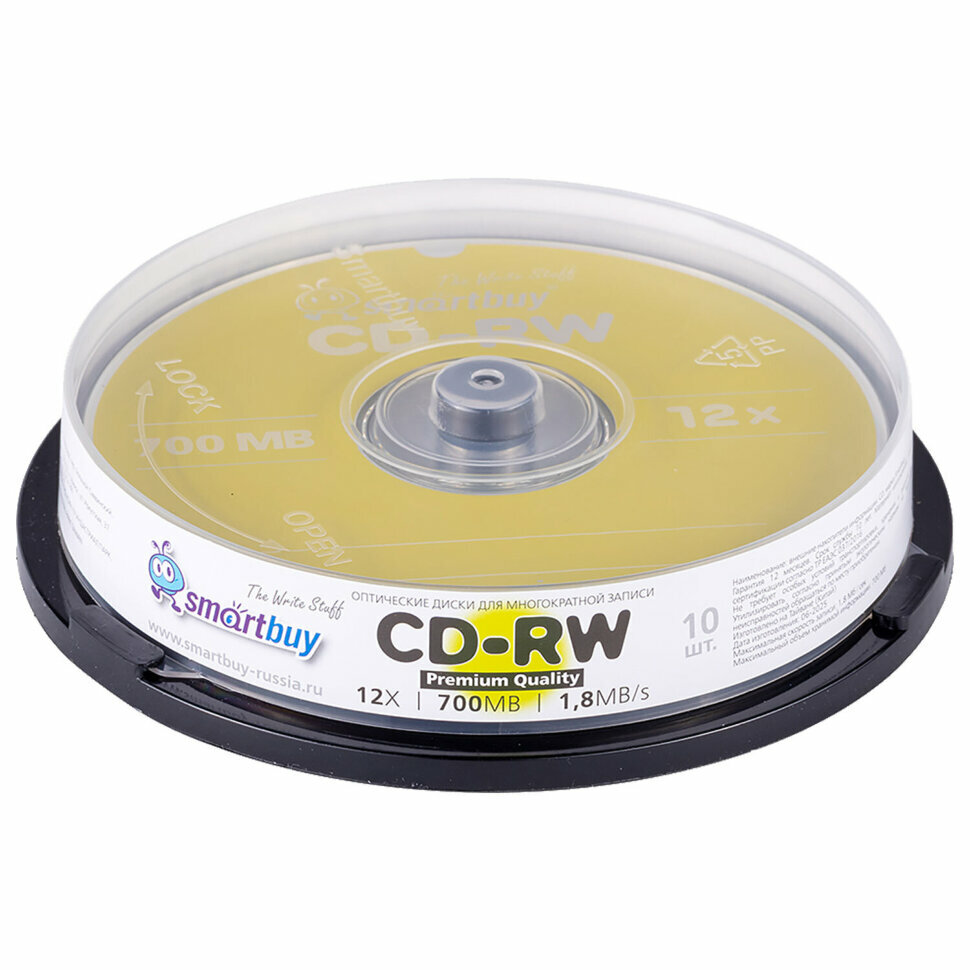 Диски CD-RW SMARTBUY, 700 Мб, 4-12x, Cake Box (упаковка на шпиле), комплект 10 шт, SBCD-RW10, 513981