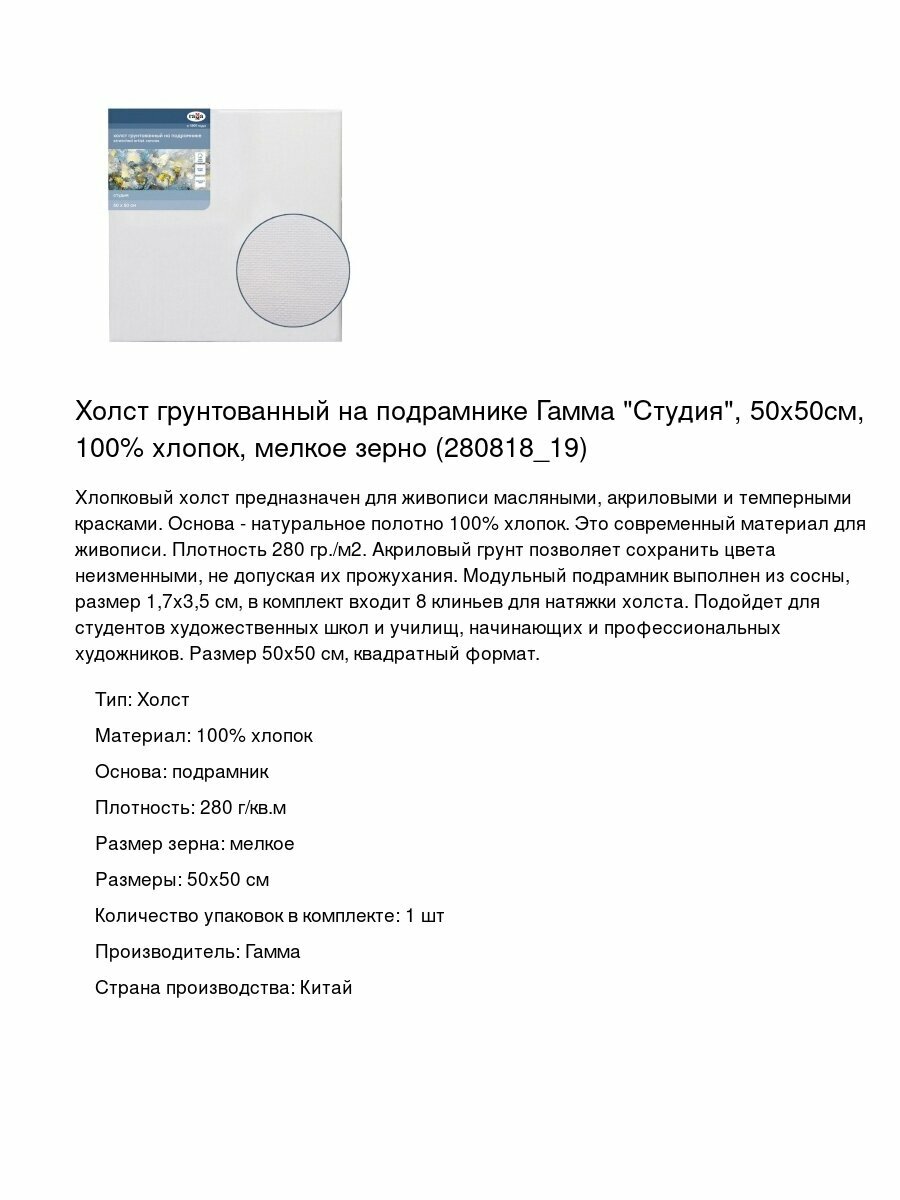 Холст грунтованный на подрамнике Гамма "Студия", 50x50см, 100% хлопок, мелкое зерно (280818_19)